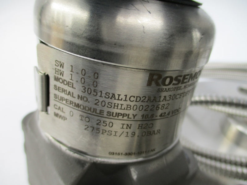 ROSEMOUNT 3051SAL1CD2AA1A30CFDFF71DA00DA2E5M5HR5 10.5-42.4VDC 275PSI N ...