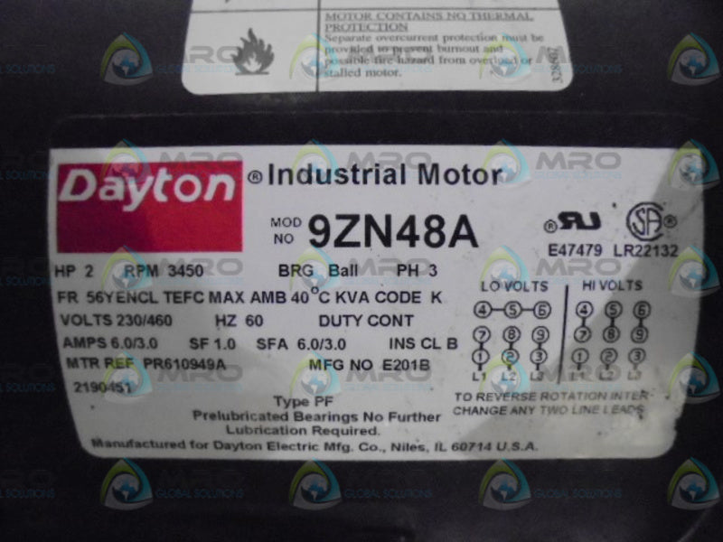 DAYTON 9ZN48A INDUSTRIAL MOTOR 2 HP 3450 RPM * USED