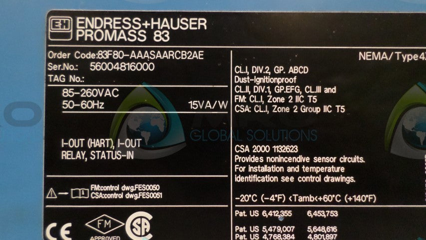 ENDRESS+HAUSER PROMASS 83 83F80-AAASAARCB2AE *USED* – MRO Global Solutions