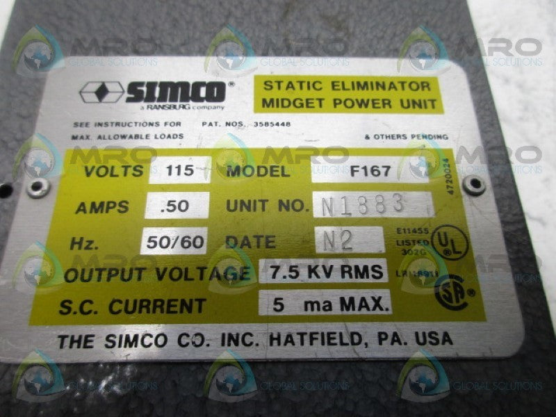 SIMCO F167 STATIC ELIMINATOR MIDGET POWER UNIT * USED * – MRO Global ...