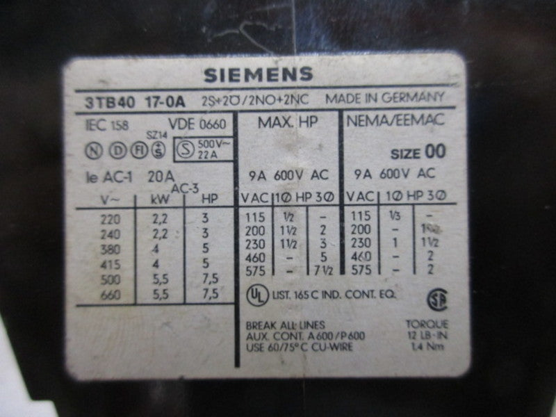 SIEMENS 3TB4017-0A CONTACTOR * USED * – MRO Global Solutions