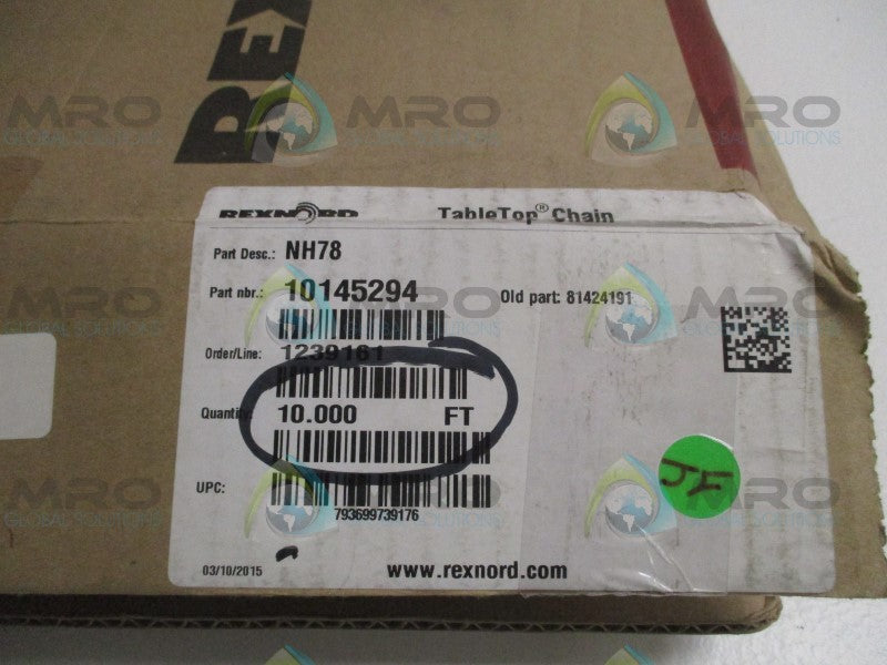 REXNORD NH78 10145294 TABLETOP CHAIN 10' * NEW IN BOX * – MRO Global ...