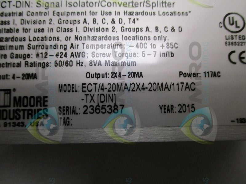 MOORE INDUSTRIES ECT/4-20MA/2X4-20MA/117AC-TX[DIN] SPLITTER * NEW NO B – MRO Global Solutions