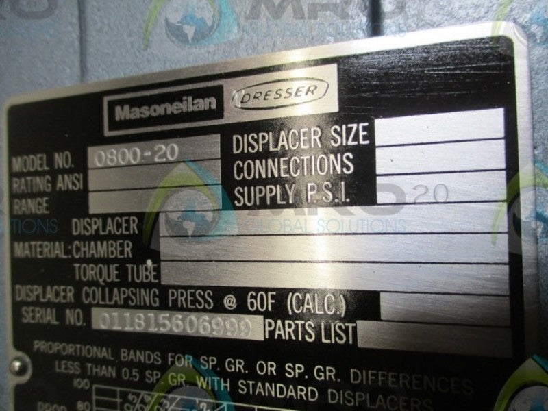 MASONEILAN 0800-20 PNEUMATIC LEVEL CONTROLLER w/ 80-4 REGULATOR * USED ...